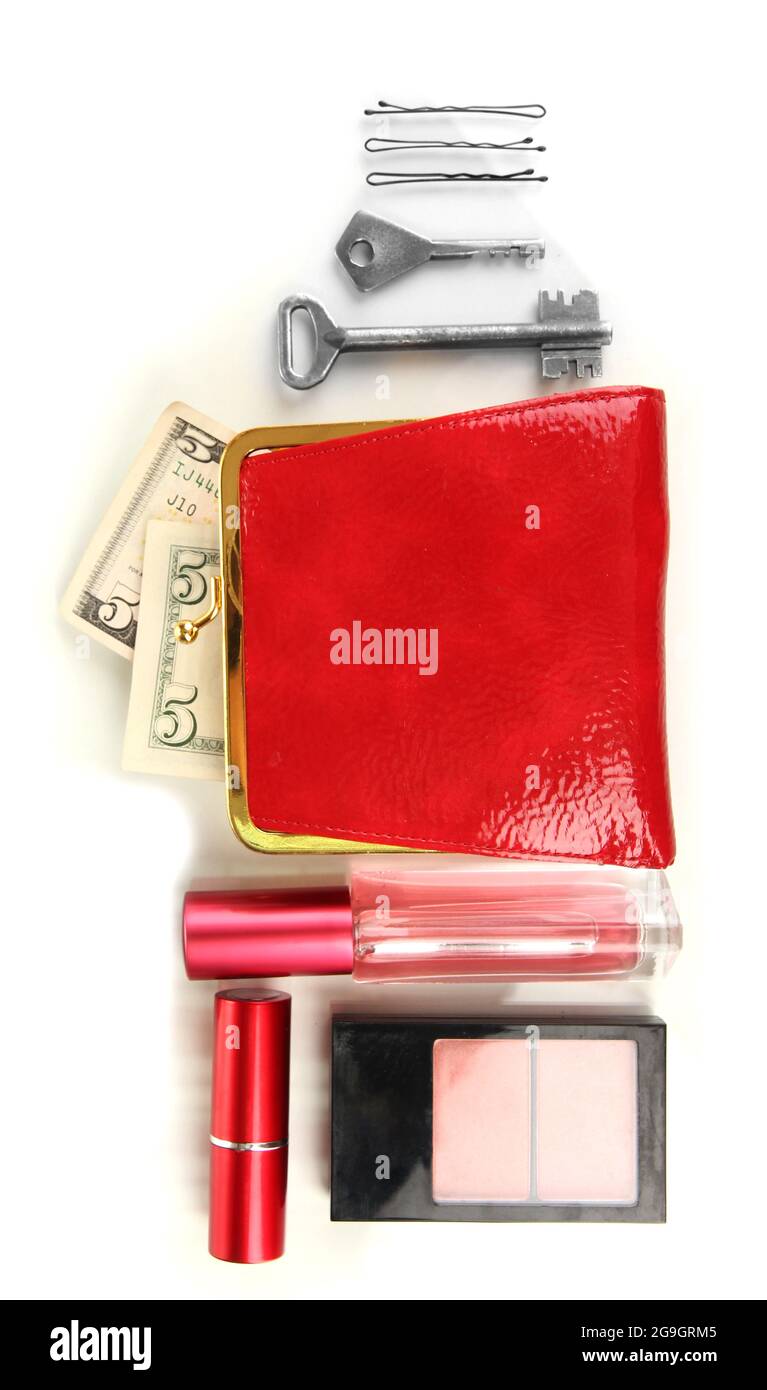 Items contained in the women's handbag isolated on white Stock Photo ...