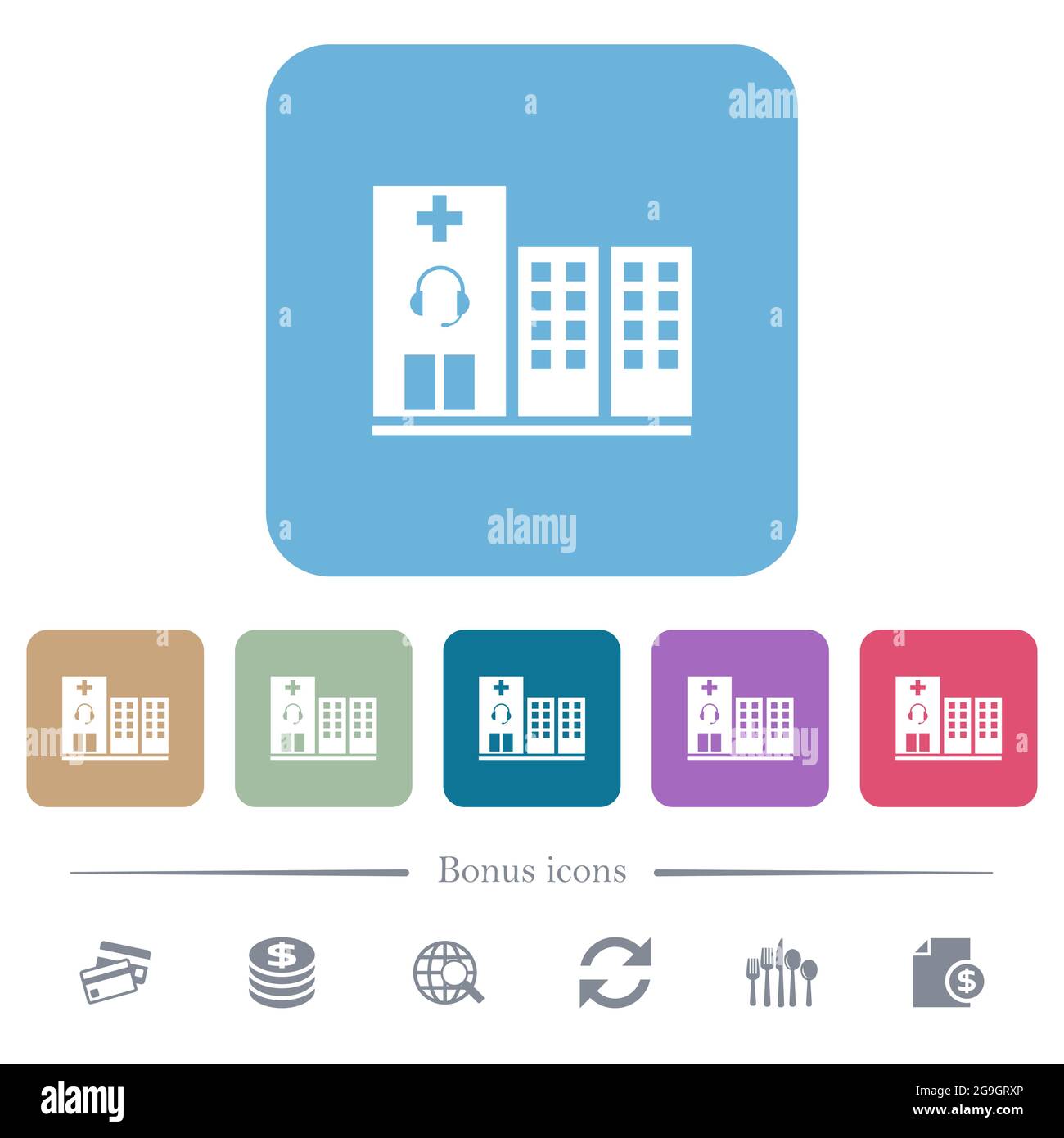Medical assistance white flat icons on color rounded square backgrounds ...