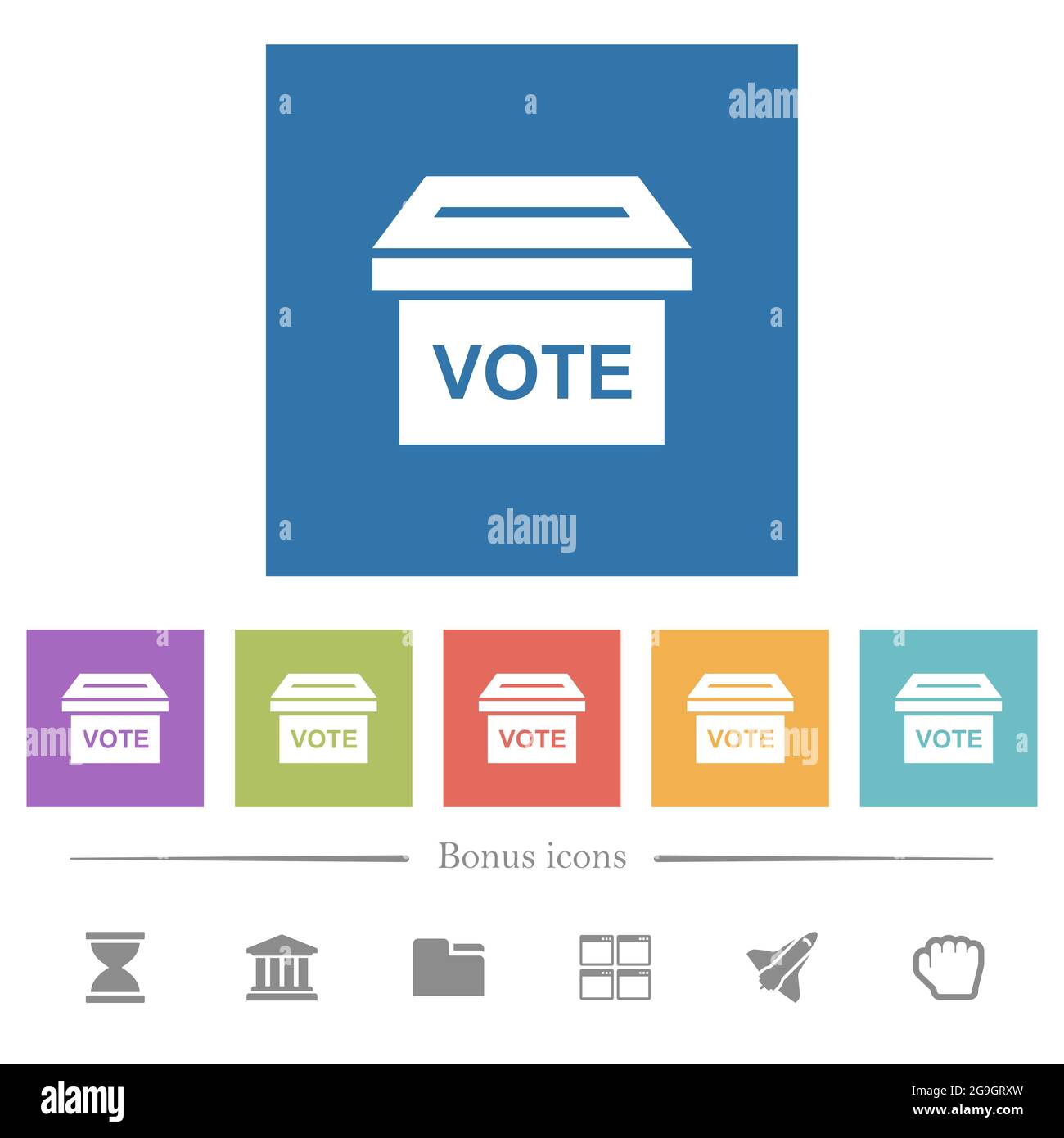 Ballot box solid flat white icons in square backgrounds. 6 bonus icons ...