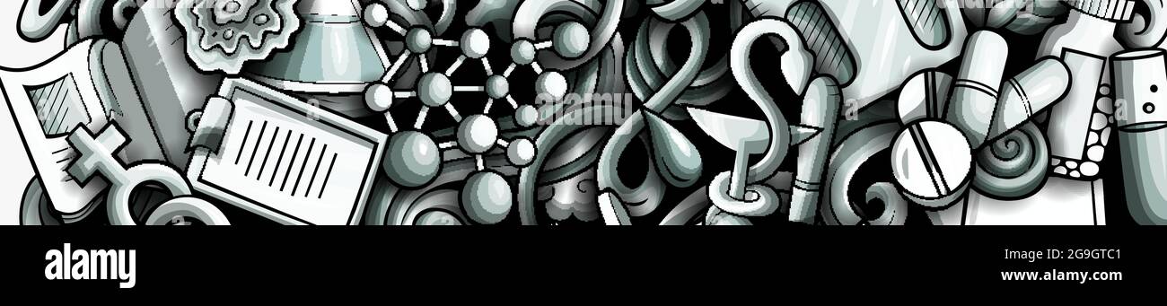 Medicine hand drawn doodle banner. Cartoon vector detailed flyer ...