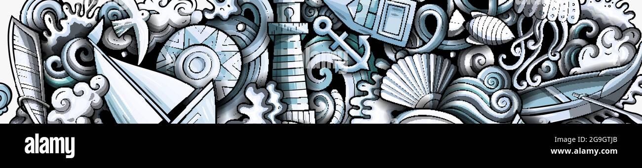 Marine hand drawn doodle banner. Cartoon vector detailed flyer ...