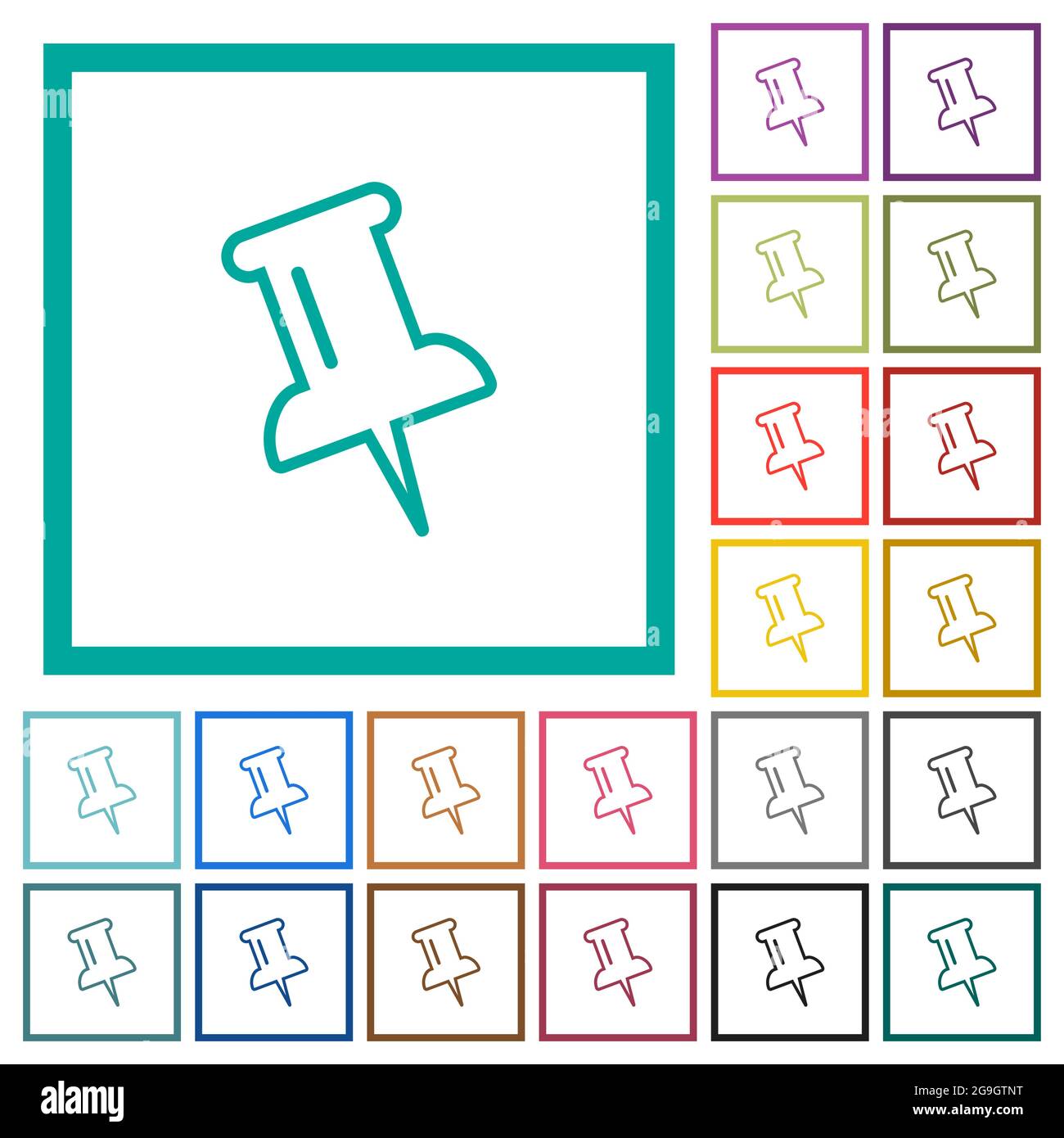 Push pin outline flat color icons with quadrant frames on white ...