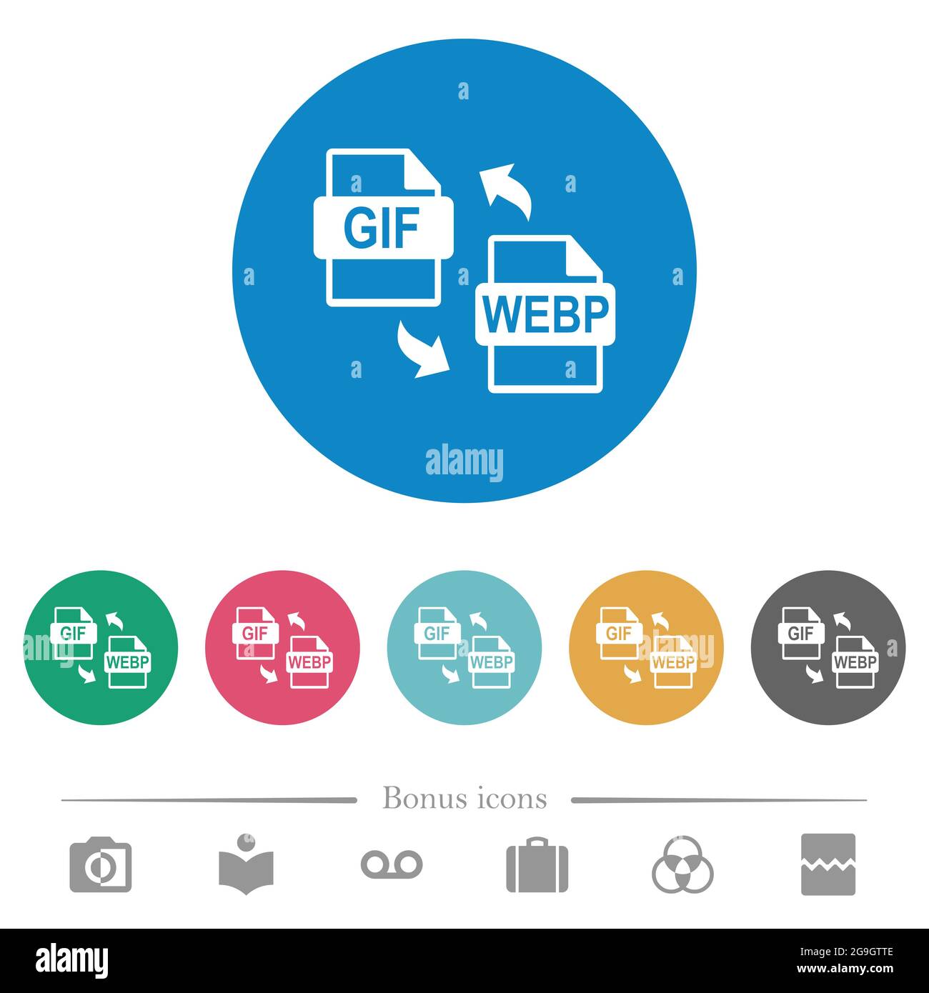 GIF WEBP file conversion flat white icons on round color backgrounds. 6 ...