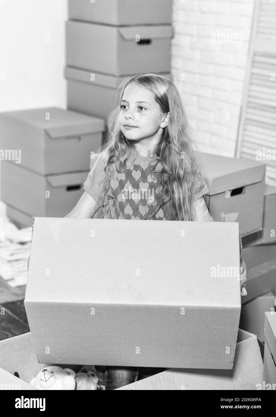 Apartment for family. Moving out. Girl child play box. Prepare for ...