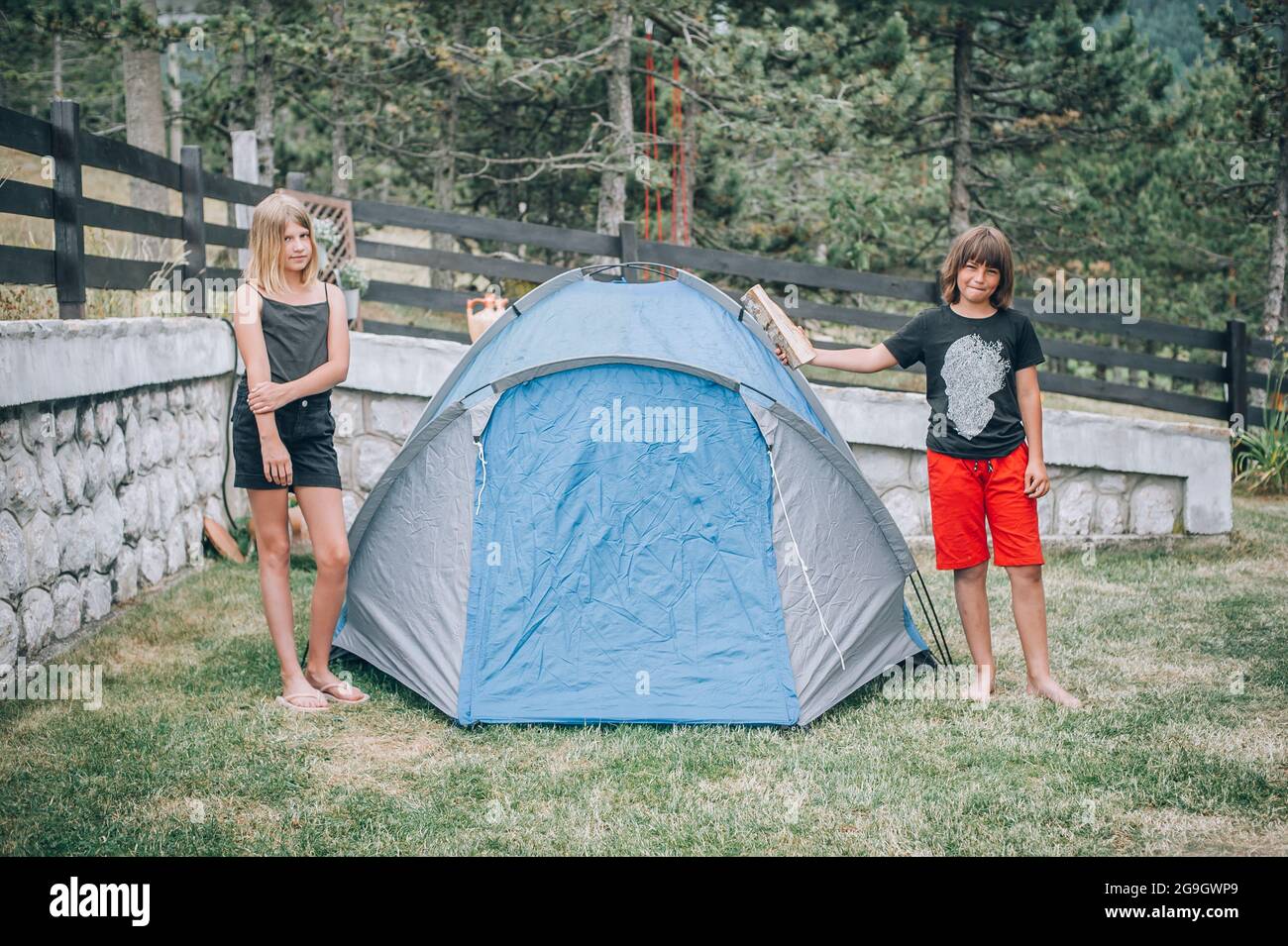 Teenagers in nature in the forest sets up a tent. Summer hiking trip a ...