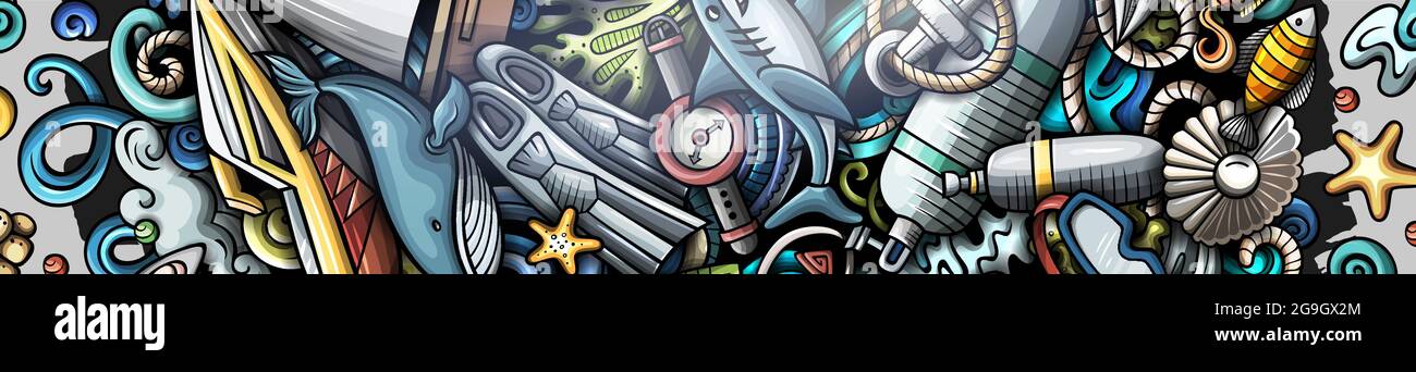 Diving hand drawn doodle banner. Cartoon vector detailed flyer Stock ...