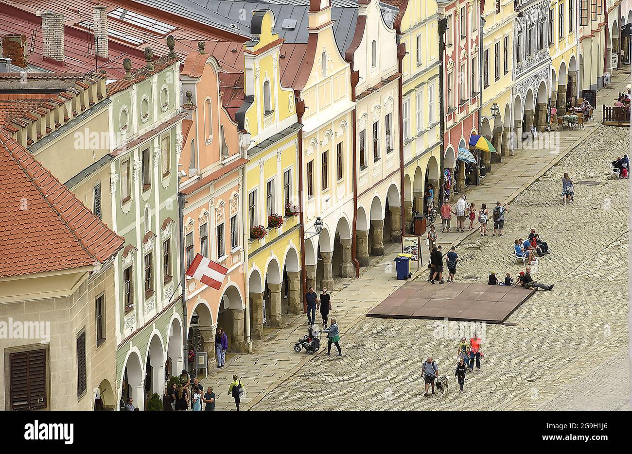 Historic Centre of Telc with triangular market square surrounded by ...