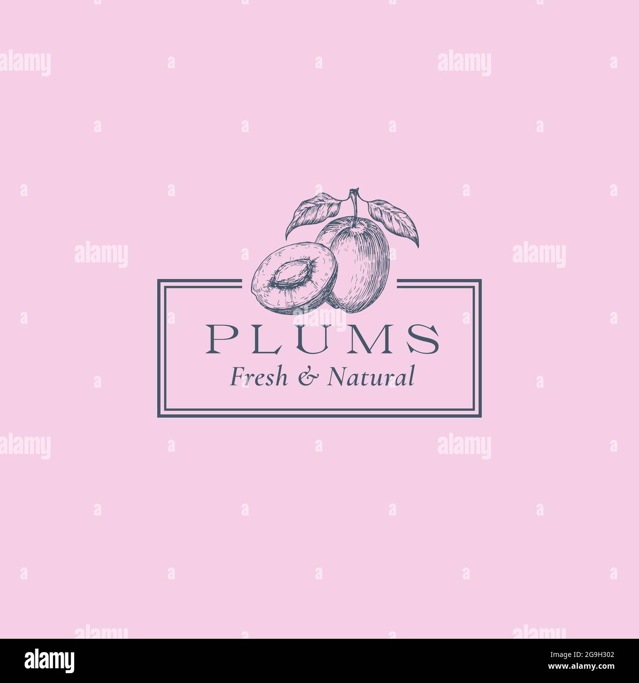 Plum with a Slice Abstract Vector Sign, Symbol or Logo Template. Hand ...