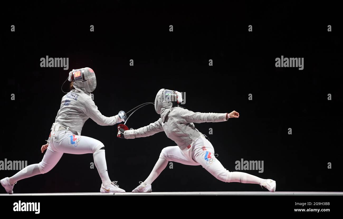 Tokyo, Japan. 26th July, 2021. Sofya Pozdniakova (R) of ROC competes ...