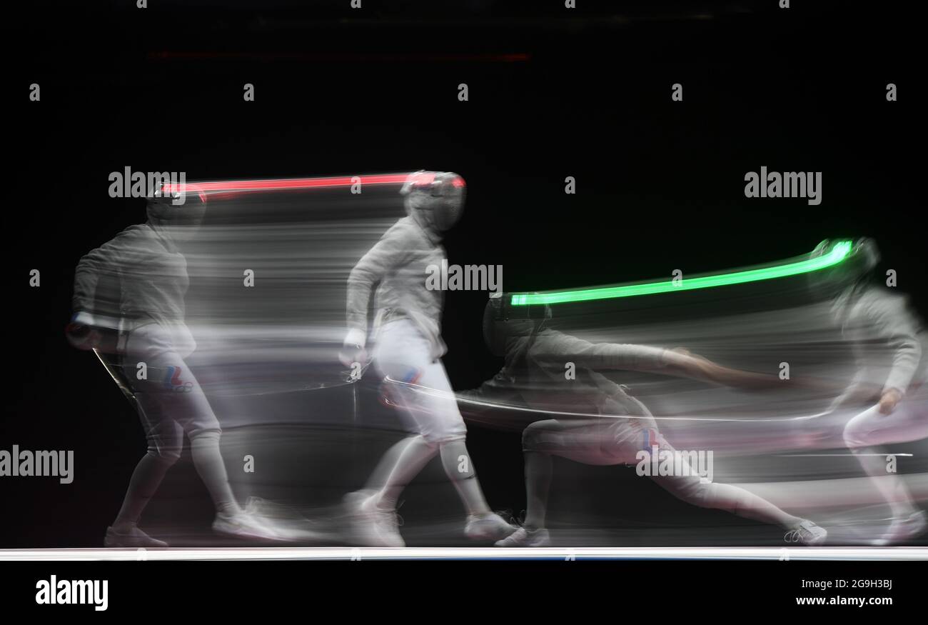 Tokyo, Japan. 26th July, 2021. Sofya Pozdniakova (R) of ROC competes ...