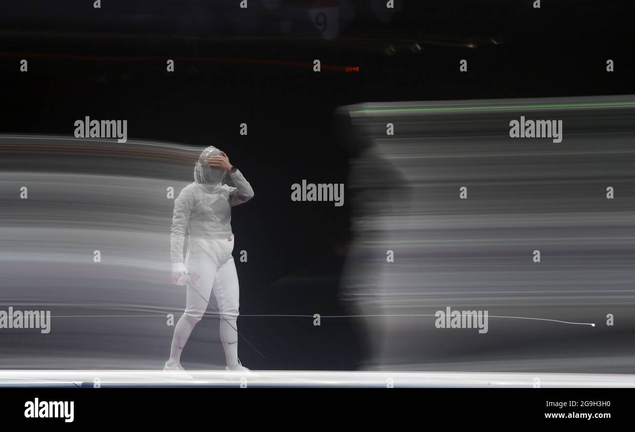 Tokyo, Japan. 26th July, 2021. Sofya Velikaya (L) of ROC competes ...