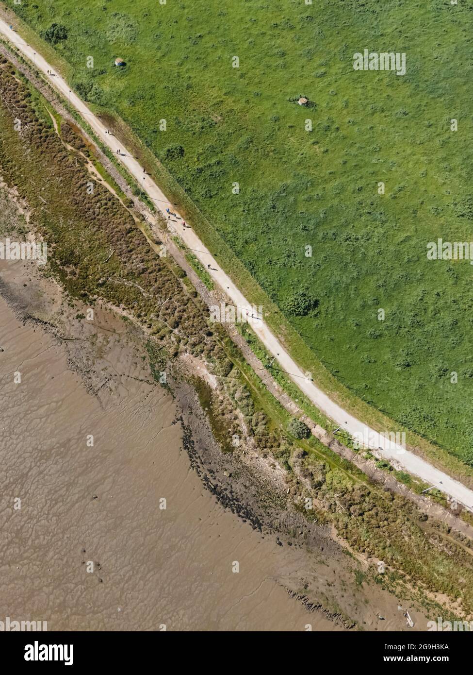 Aerial view of a small walkway path along Tagus river in Lisbon Stock ...