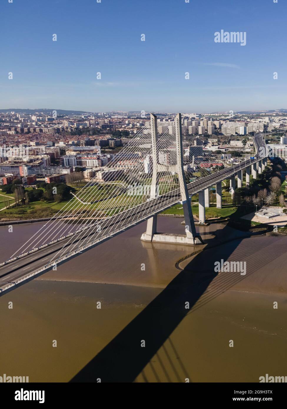Aerial view of Vasco da Gama bridge crossing the Tagus river wit Stock ...