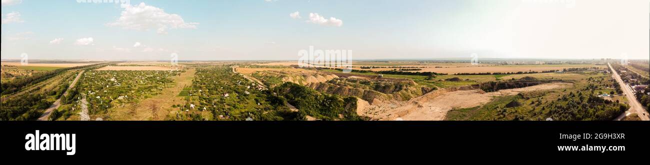 Panorama 360 spheres Aerial view of the road and sand pit in Moldova ...
