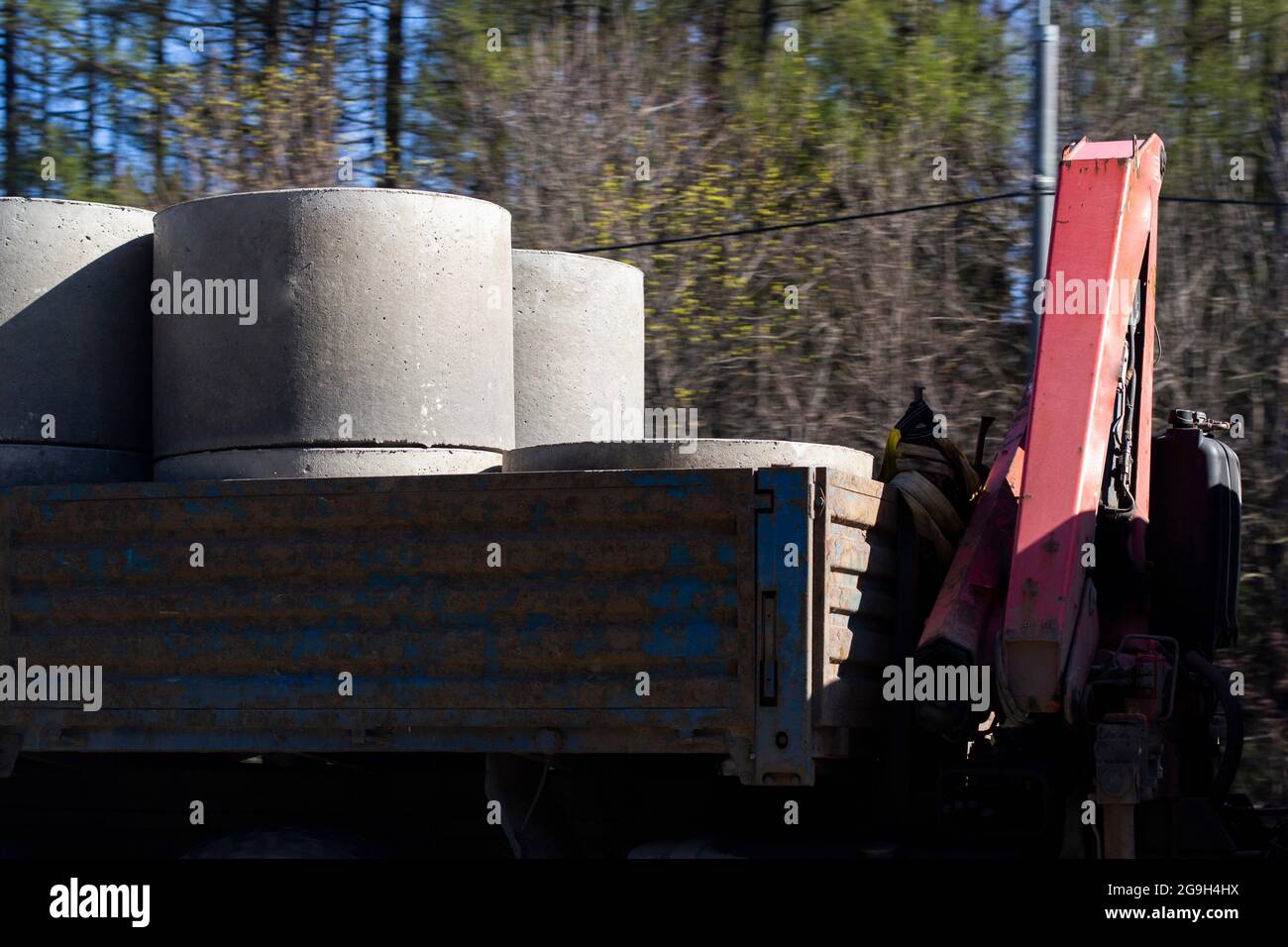 Truck on the track. Details of a large car. Work car on the highway ...