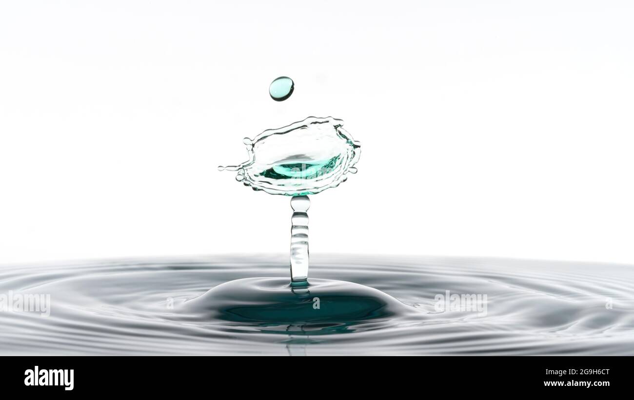 Close-up photograph of two water droplets colliding making an unusual ...