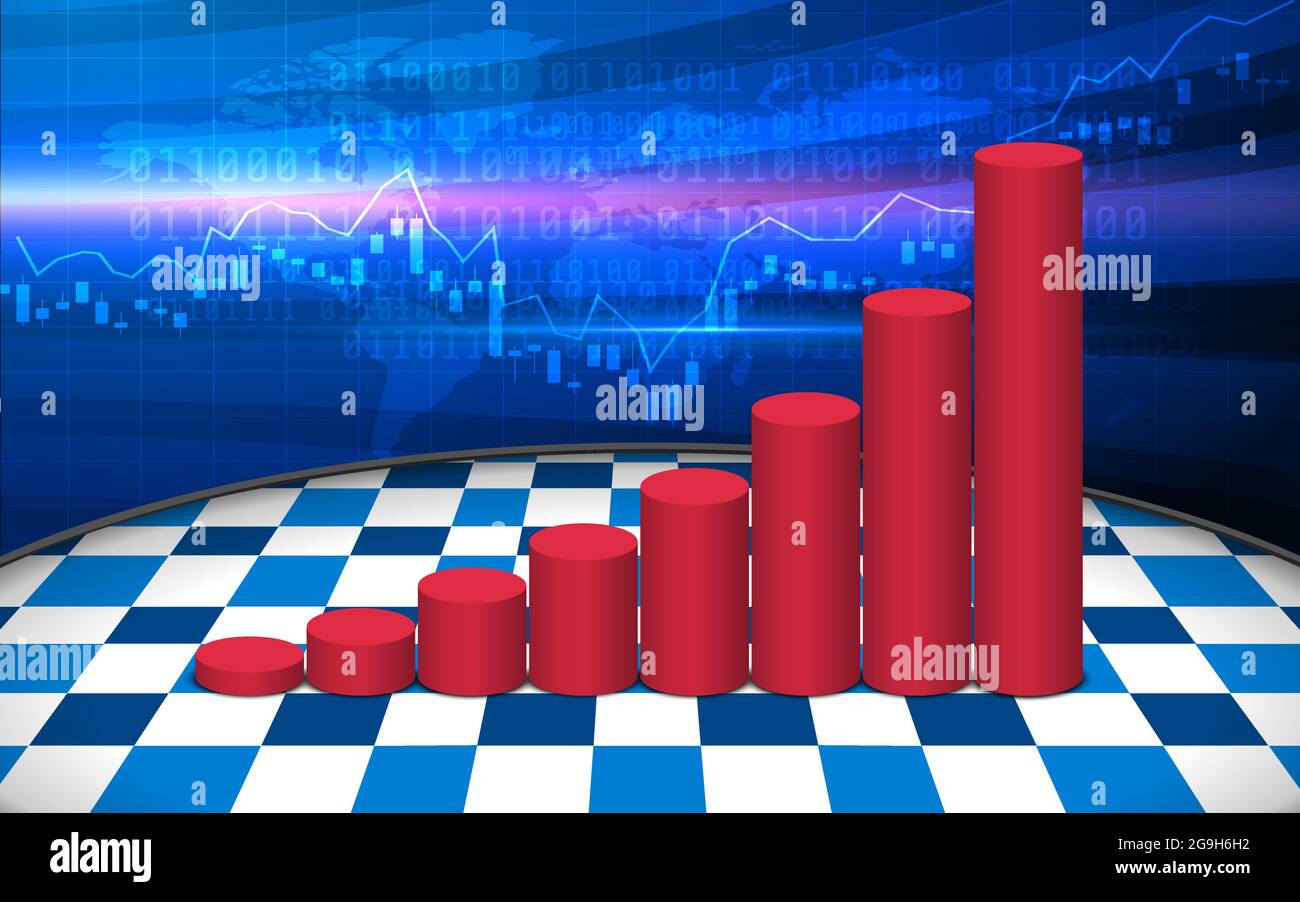 red bar chart graph diagram with led screen background in studio room ...