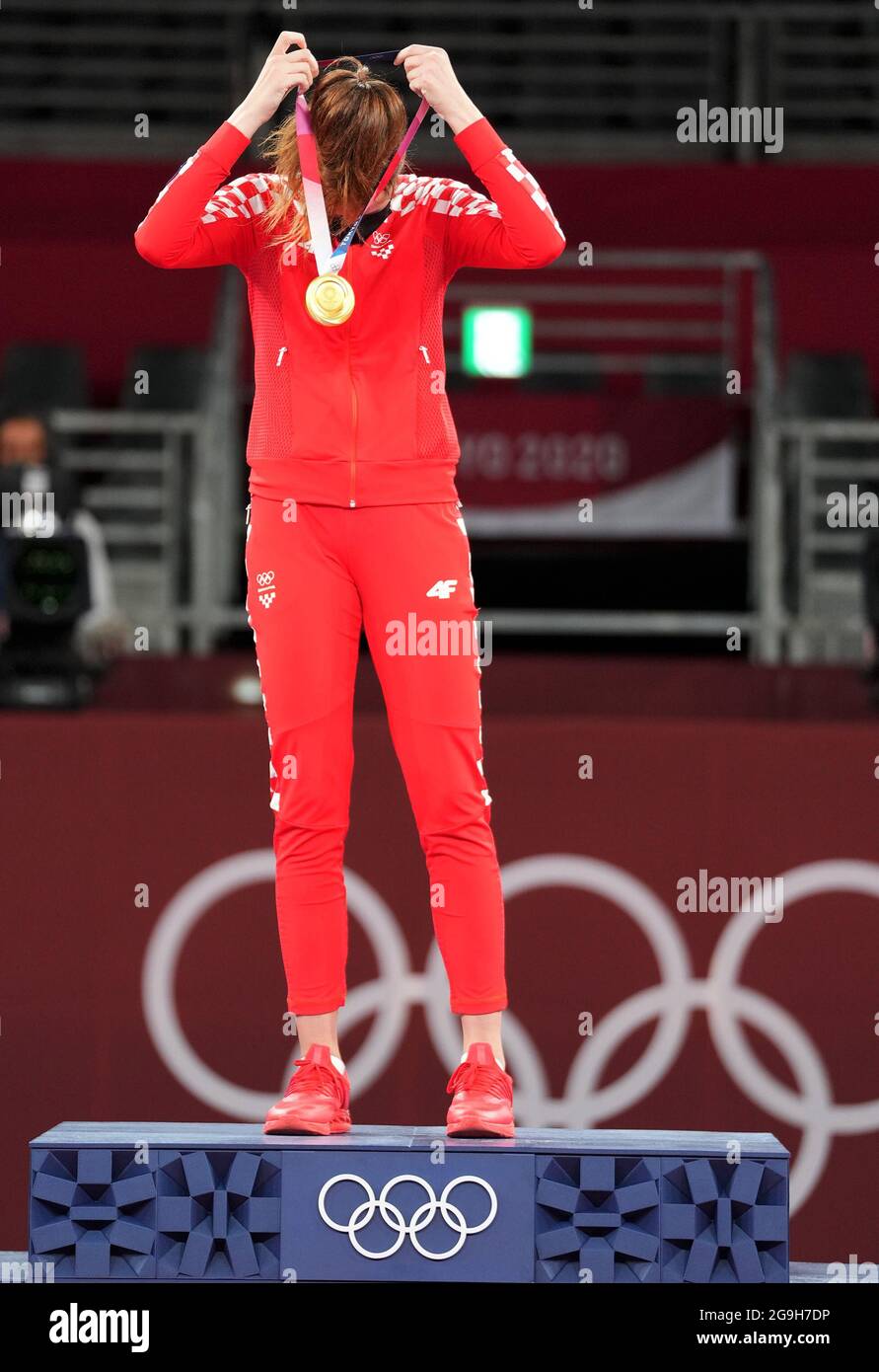 Tokyo, Japan. 26th July, 2021. Matea Jelic of Croatia puts on her gold ...