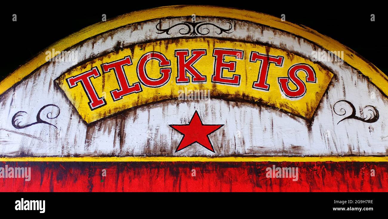 Old ticket booth at a carnival or circus selling ticket for rides and ...