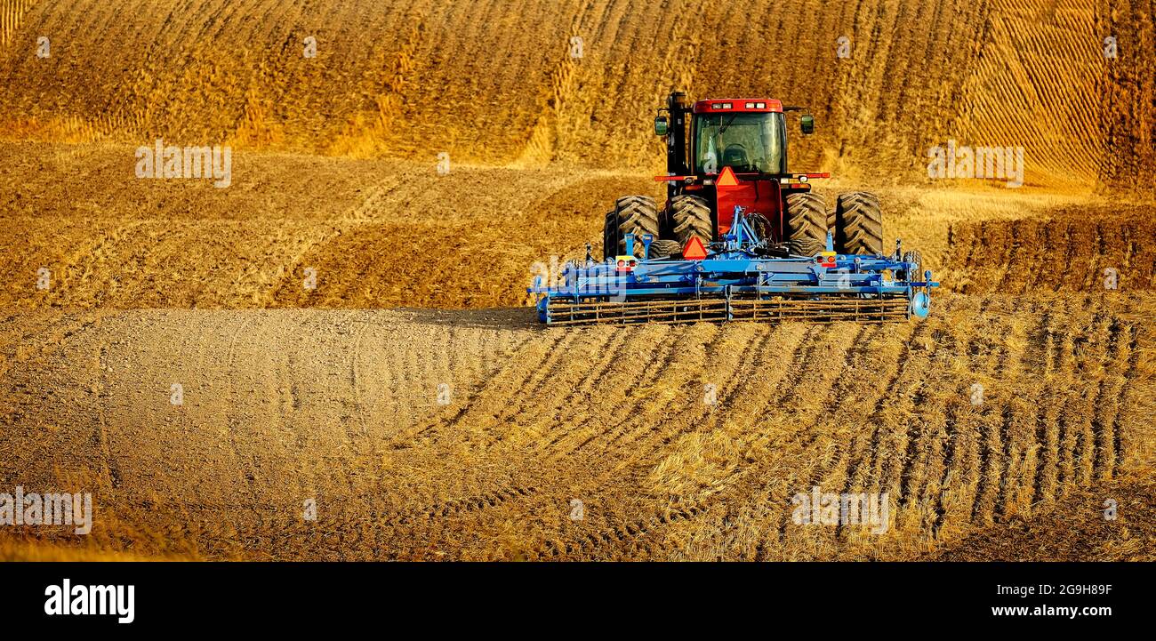 Tractor Equipment Farming Ground Harvesting crops in fall Autumn ...