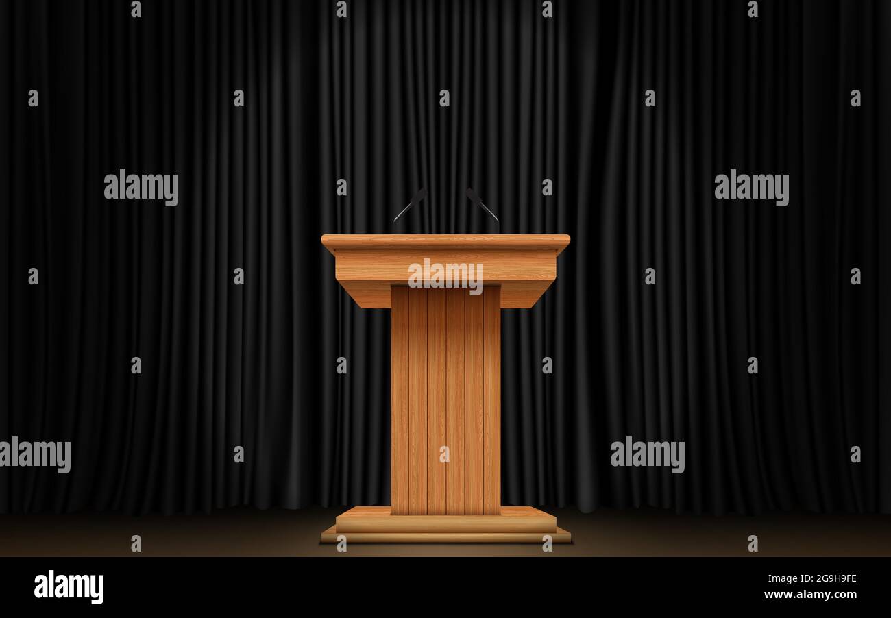 wooden announcement podium and black curtain on the stage Stock Vector ...
