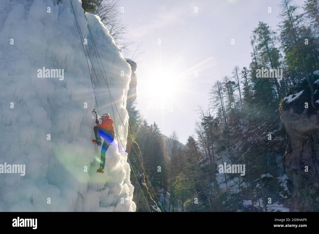 Male athlete doing a vertical ice climb, kicking front crampons into ...