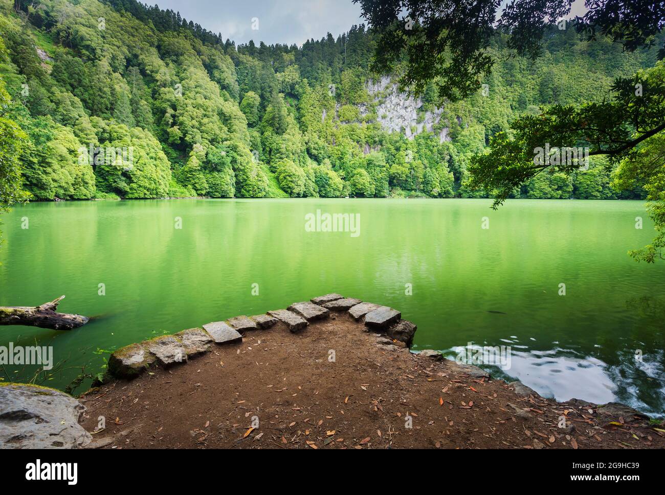 The Congro lagoon is a green lagoon in a volcanic crater in Sao Miguel ...