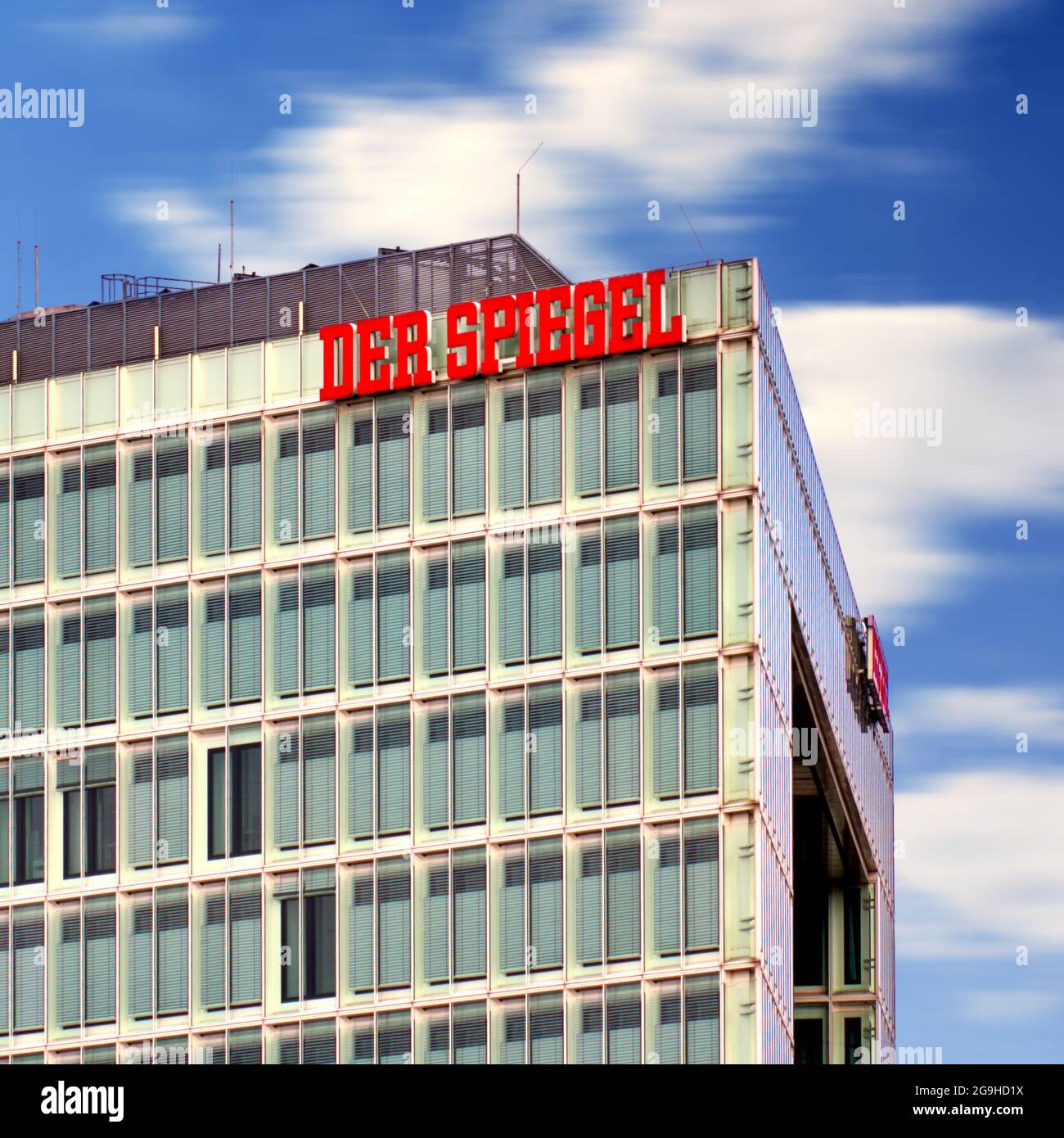 Spiegel lettering in red on the corner of the high-rise building of the ...