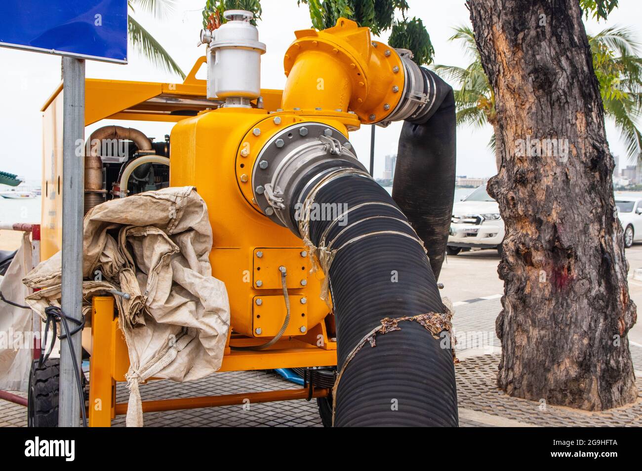 a yellow Flood protection pump Stock Photo - Alamy