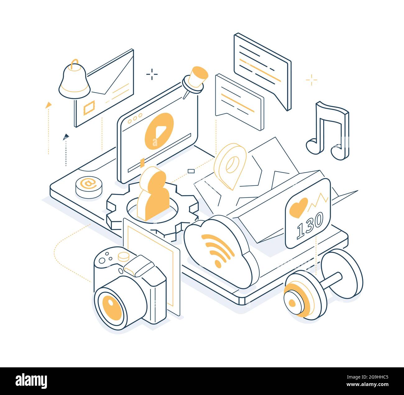 Smartphone applications - yellow and black line illustration. Idea of ...