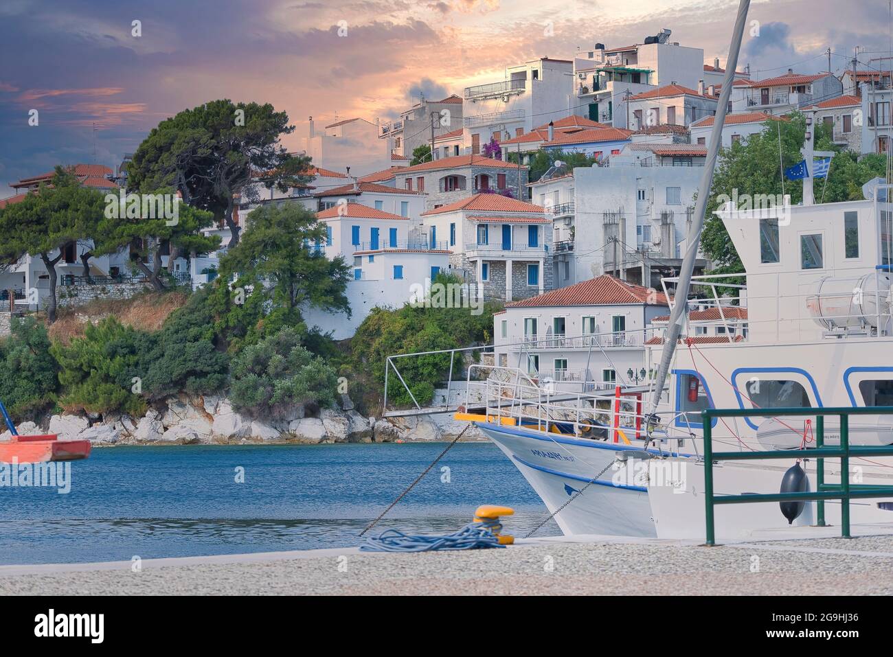 SKIATHOS, GREECE - Jul 16, 2021: Ships and boats in the old port ...