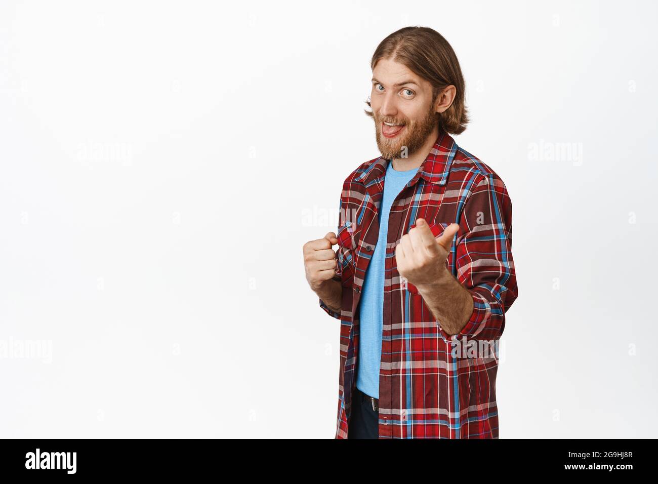 Come closer. Sassy blond man beckon, flick finger and smiling excited ...