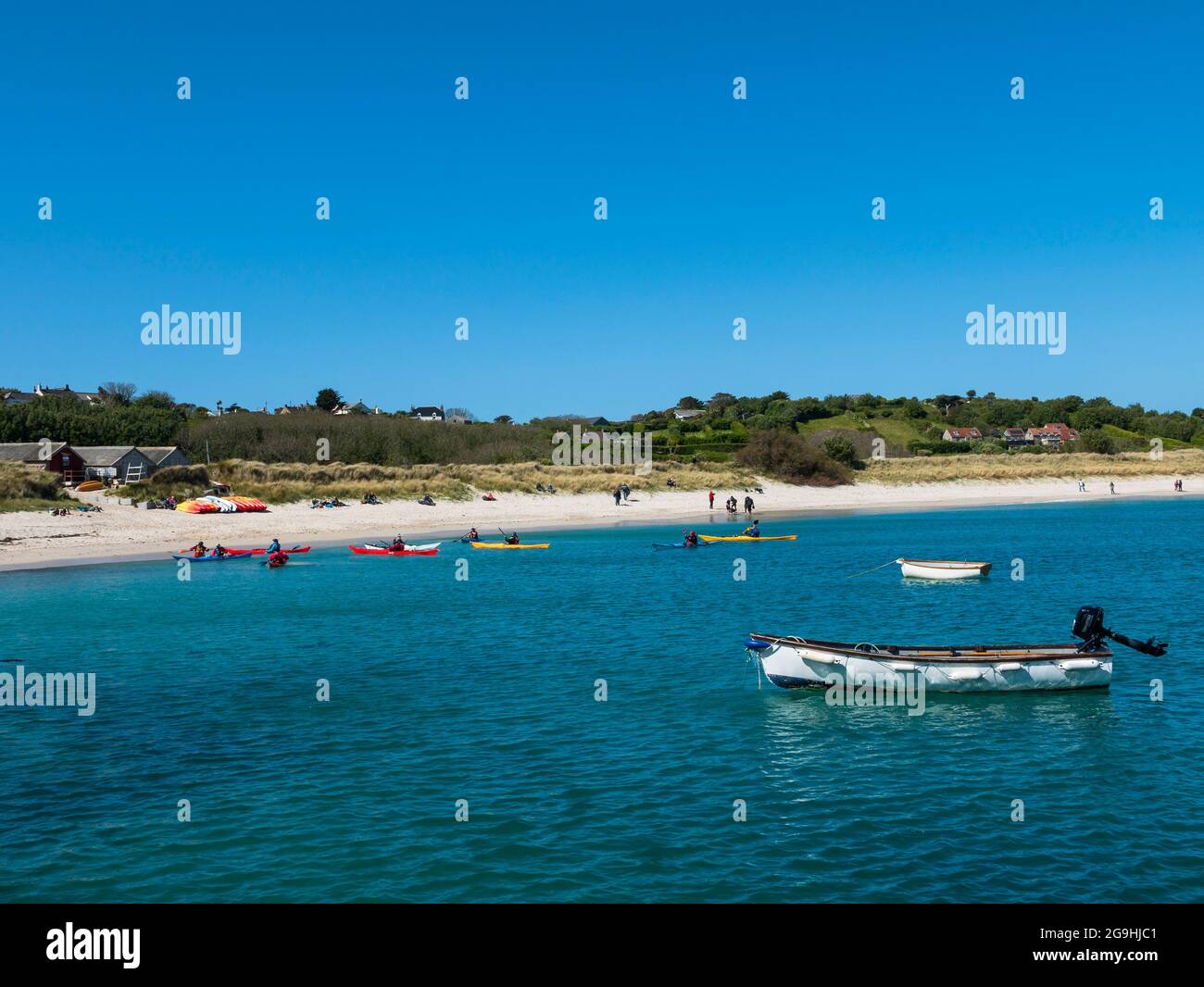 Boats moored at Par Beach, Higher Town, St Martin's, Isles of Scilly ...