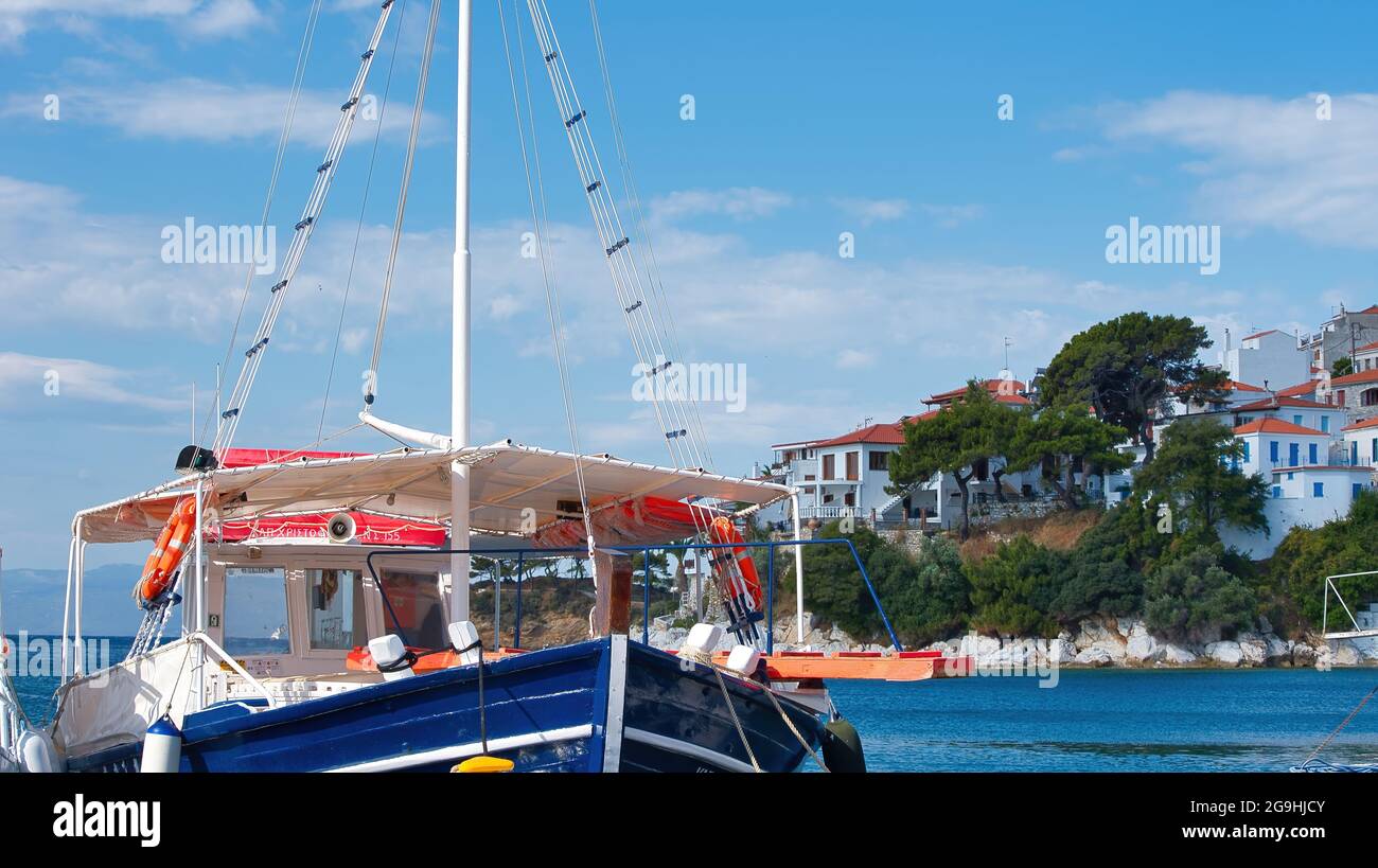 SKIATHOS, GREECE - Jul 16, 2021: Ships and boats in the old port ...