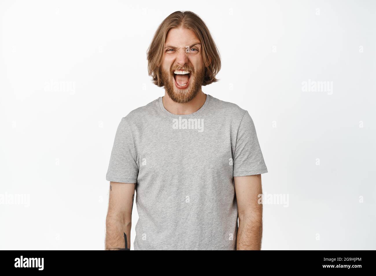 Image of funny laughing man, bearded blond guy chuckle, smiling and ...