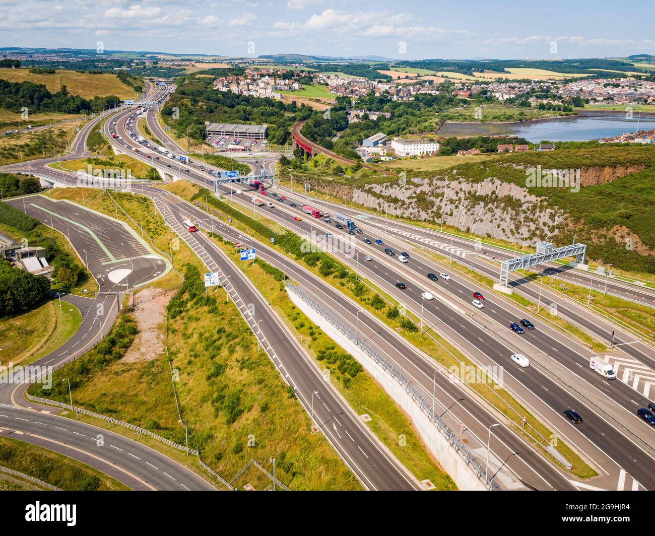 Aerial photograph of the M90 Motorway just before the Queensferry ...