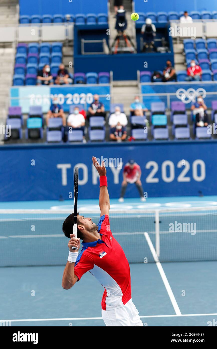 Tokyo, Japan. 26th July, 2021. NOVAK DJOKOVIC (SRB) serves against JAN ...