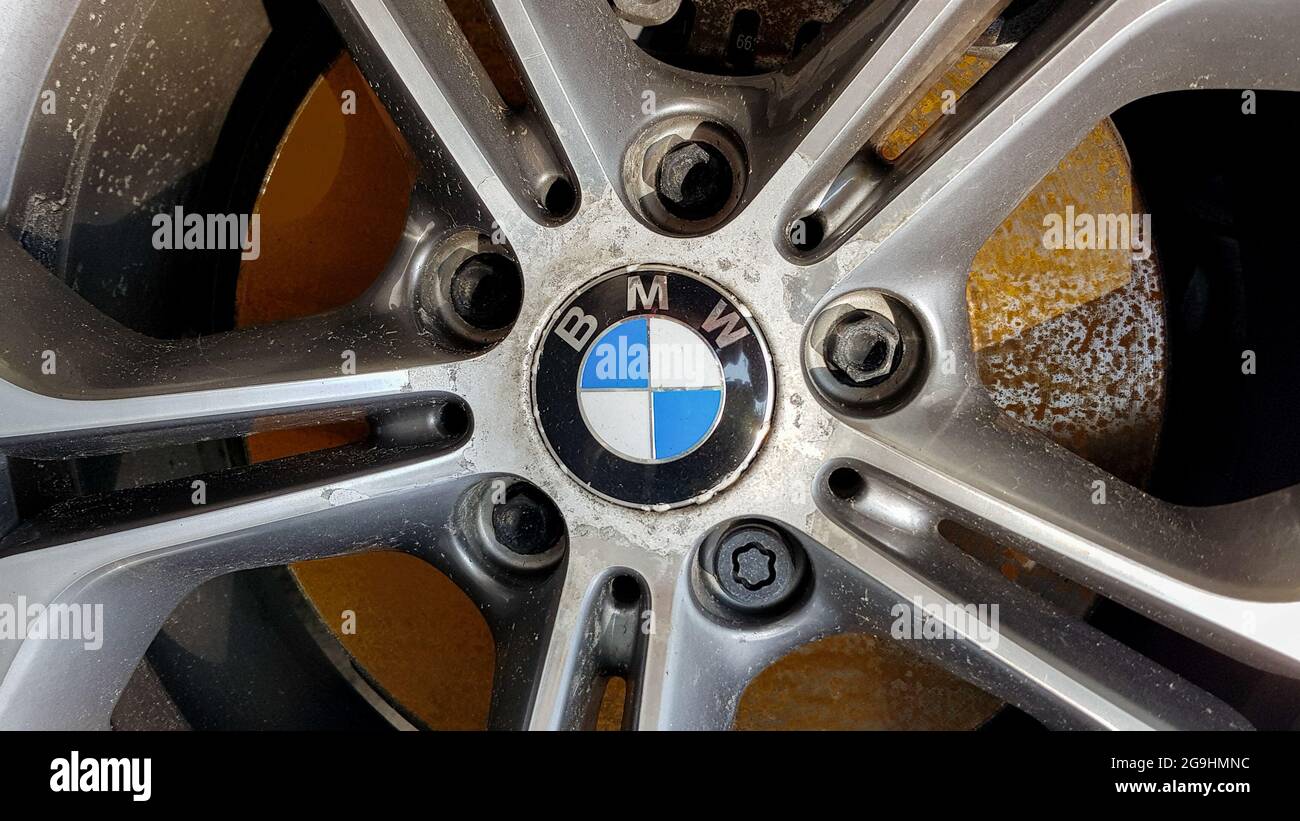 Ukraine, Kiev - August 28,2019 Original BMW alloy wheel dirty and ...