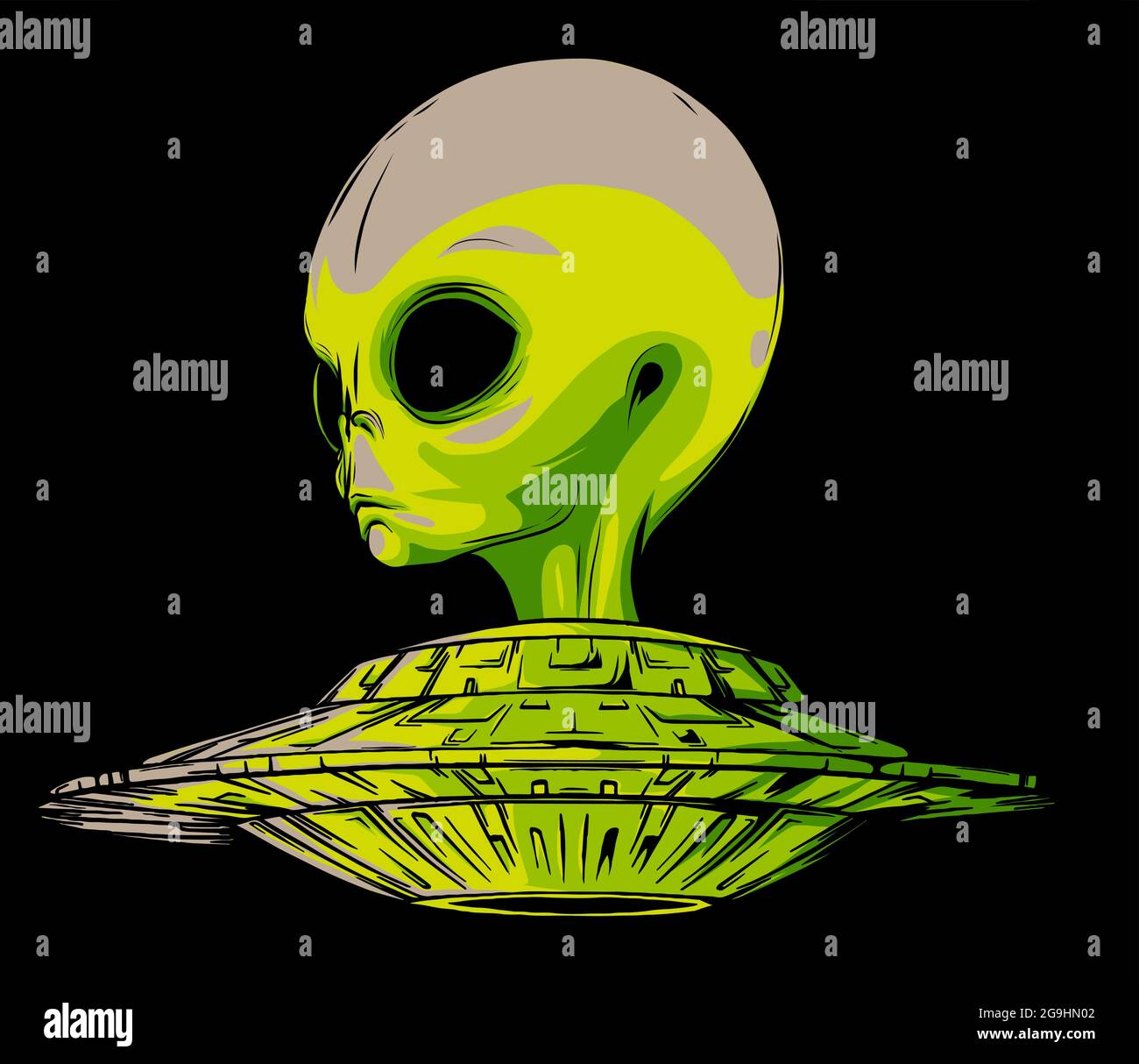 alien is sitting in a flying saucer.Hand drawn style.Space scientific ...