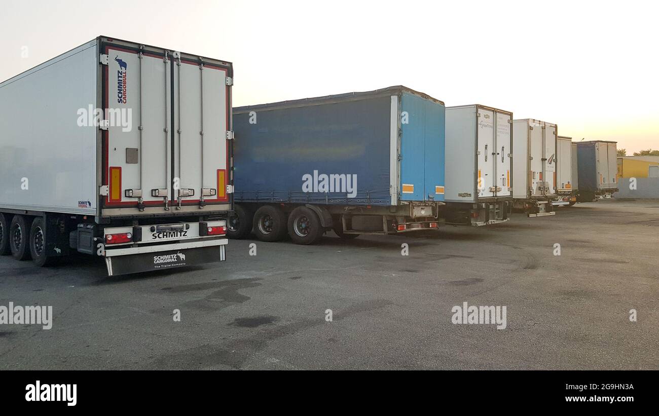 Ukraine, Kiev - September 8, 2019: Truck fleet with a trailer, parking ...