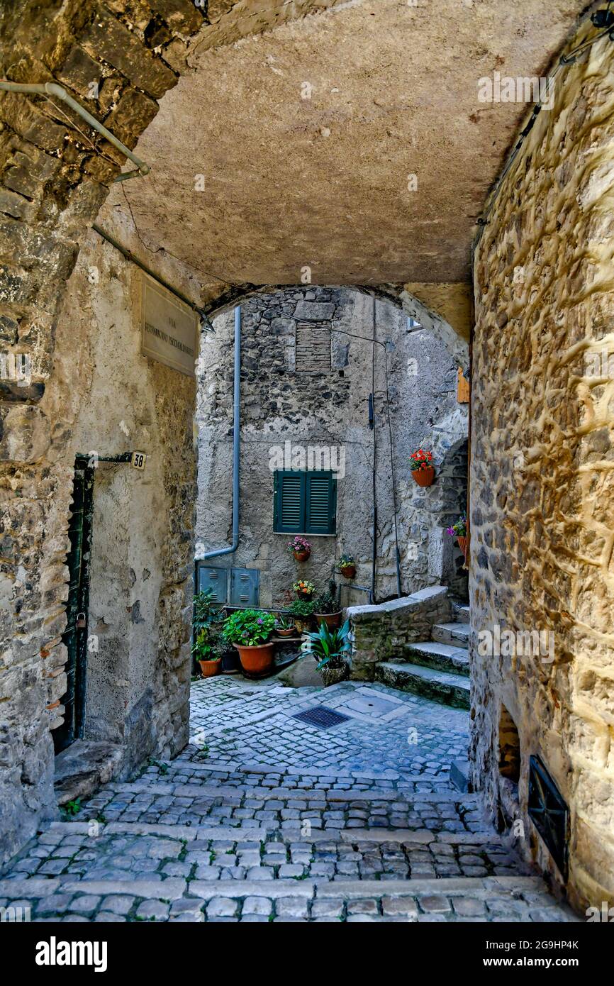 Carpineto Romano, Italy, July 24, 2021. A narrow street in the historic ...