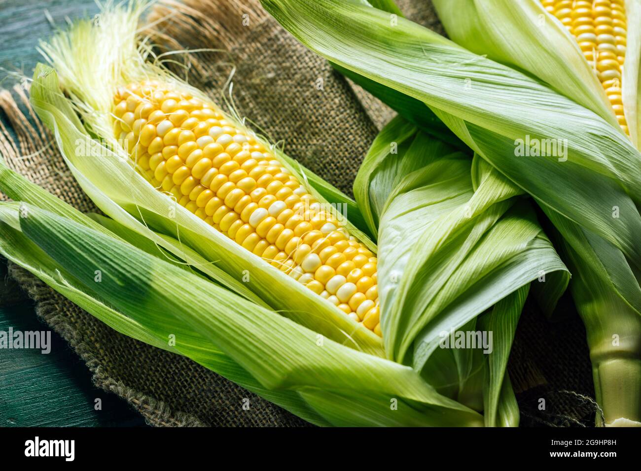 Fresh corn on the cob with green leaves Stock Photo - Alamy
