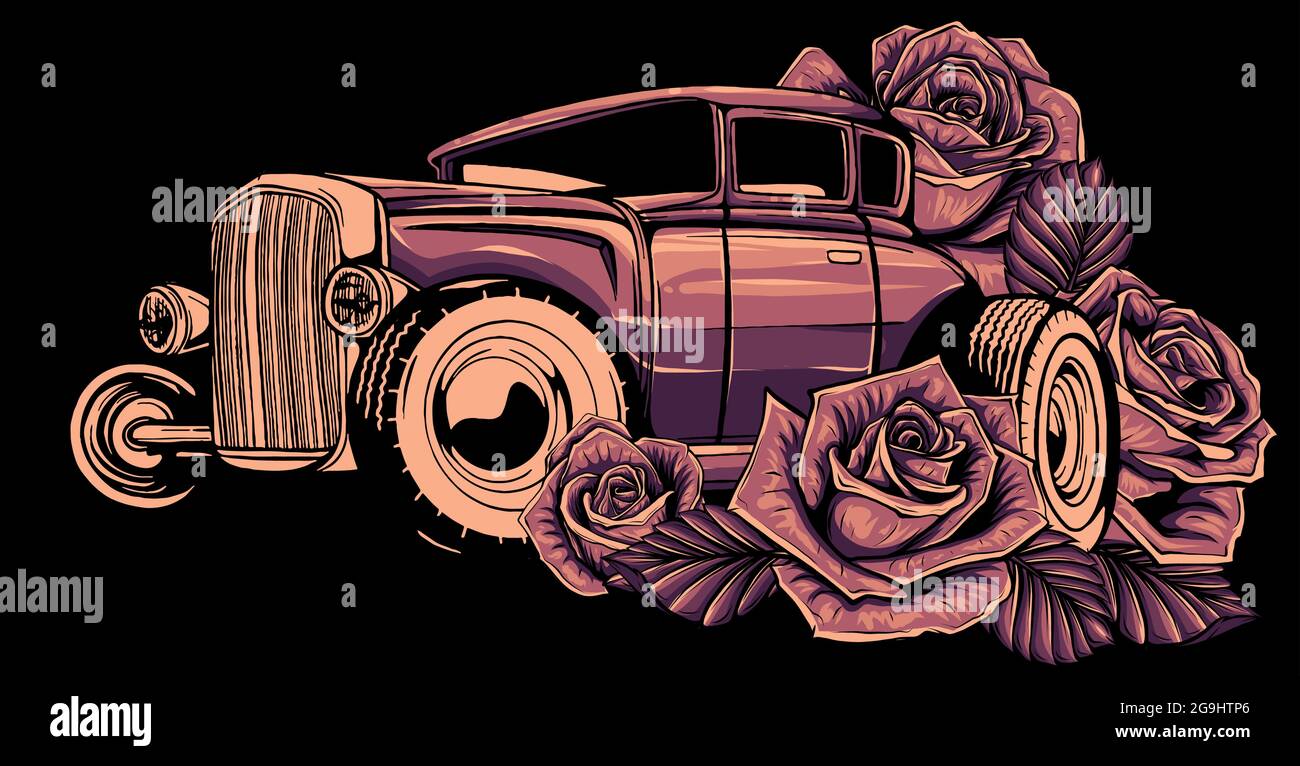 Old school car with decorative roses in classic style Stock Vector ...