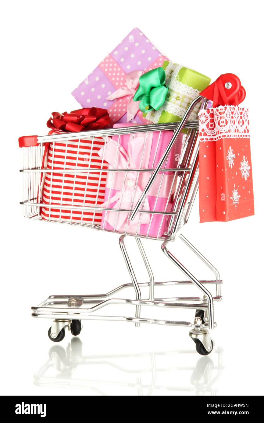 Christmas gifts and shopping in trolley isolated on white Stock Photo ...