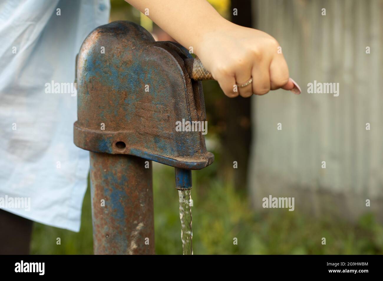 Pressurized water. Water supply hydrant in the village. Fresh water ...