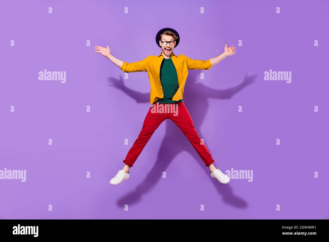 Full length body size view of attractive cheerful funky guy jumping ...