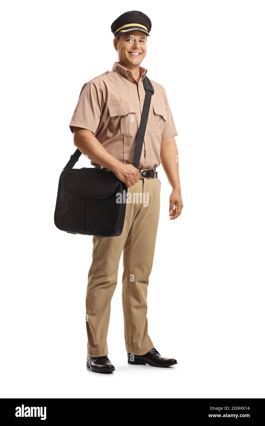 Full length portrait of a smiling mailman in a uniform carrying a bag ...