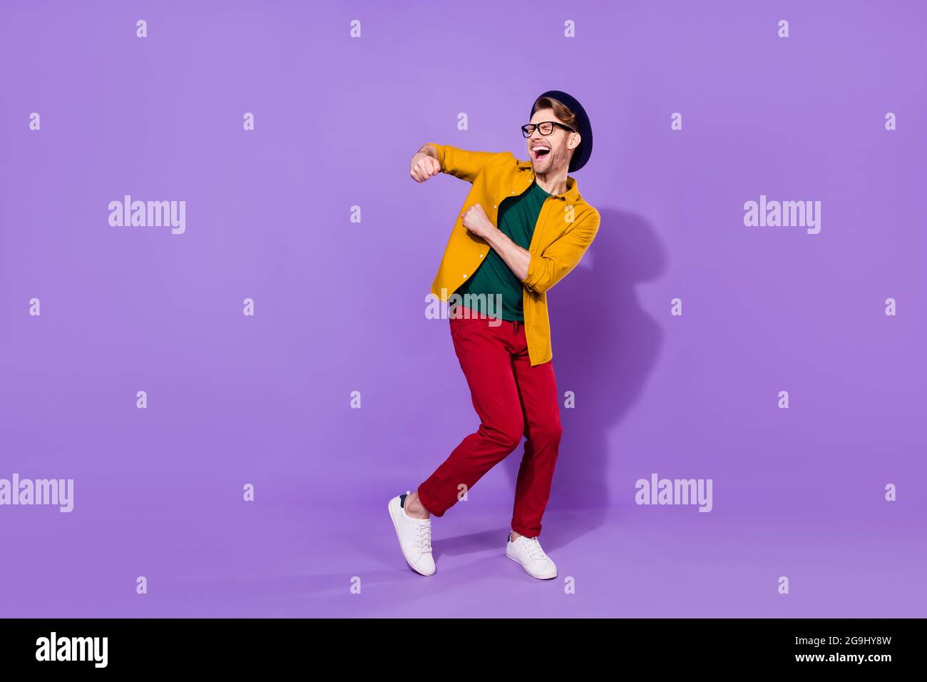 Full length body size view of nice cool cheerful funky guy dancing ...