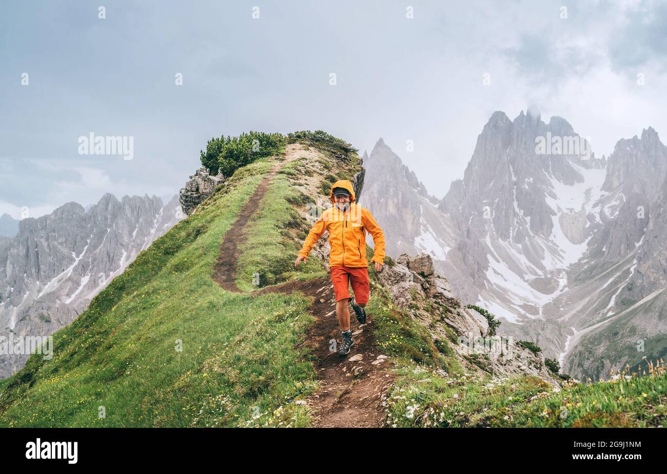 Dressed bright orange soft shell jacket backpacker running by green ...