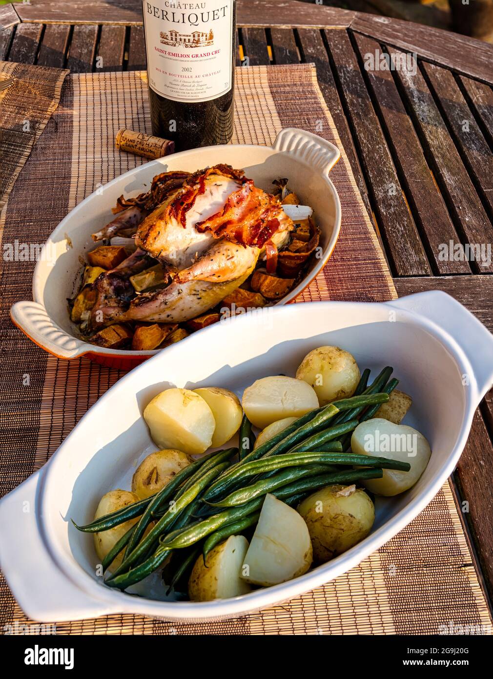 Outdoor dinner served: roast pheasant with vegetables & pancetta, new ...